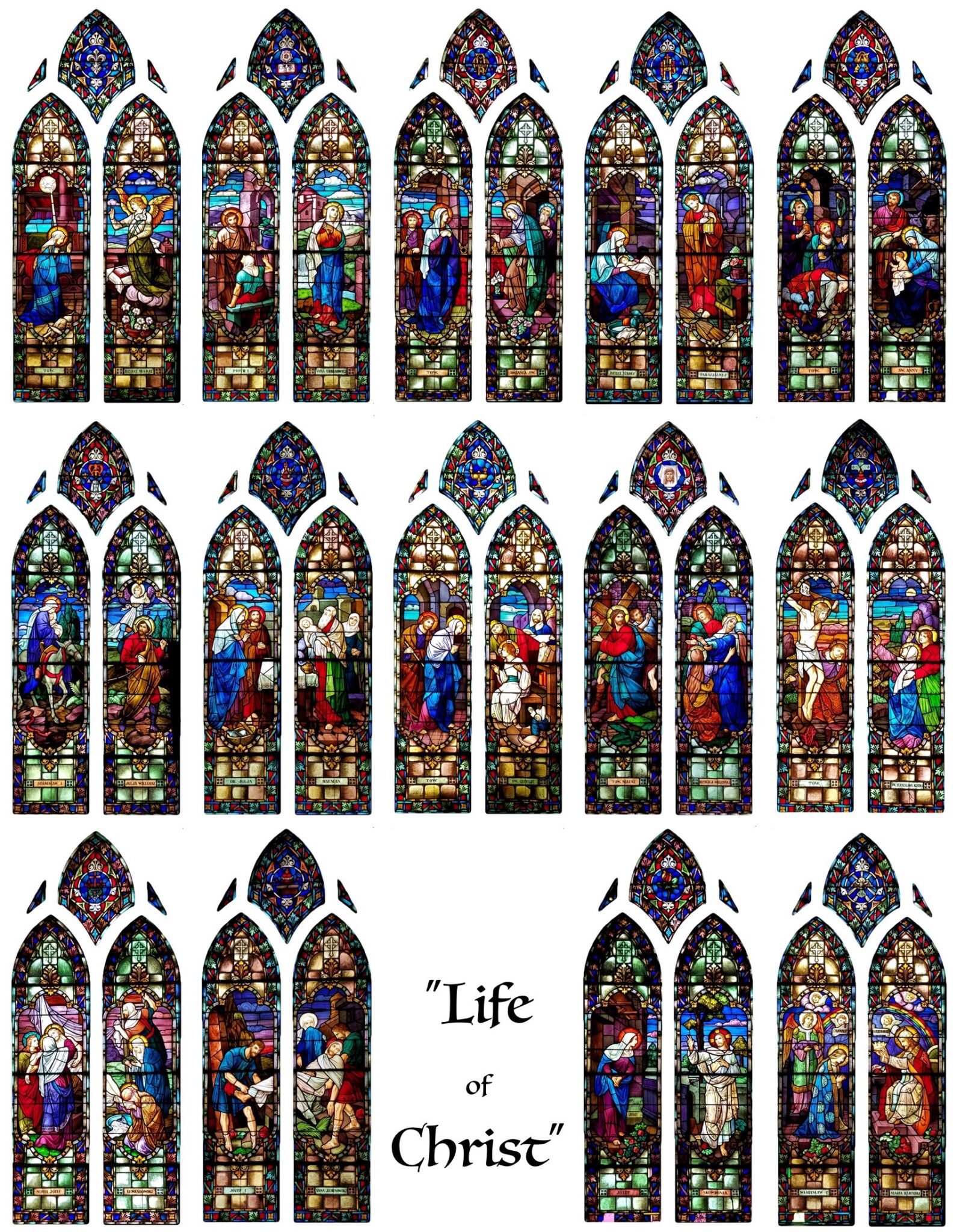 Antique Church Stained Glass Window Set Depicting the Life of Christ ...